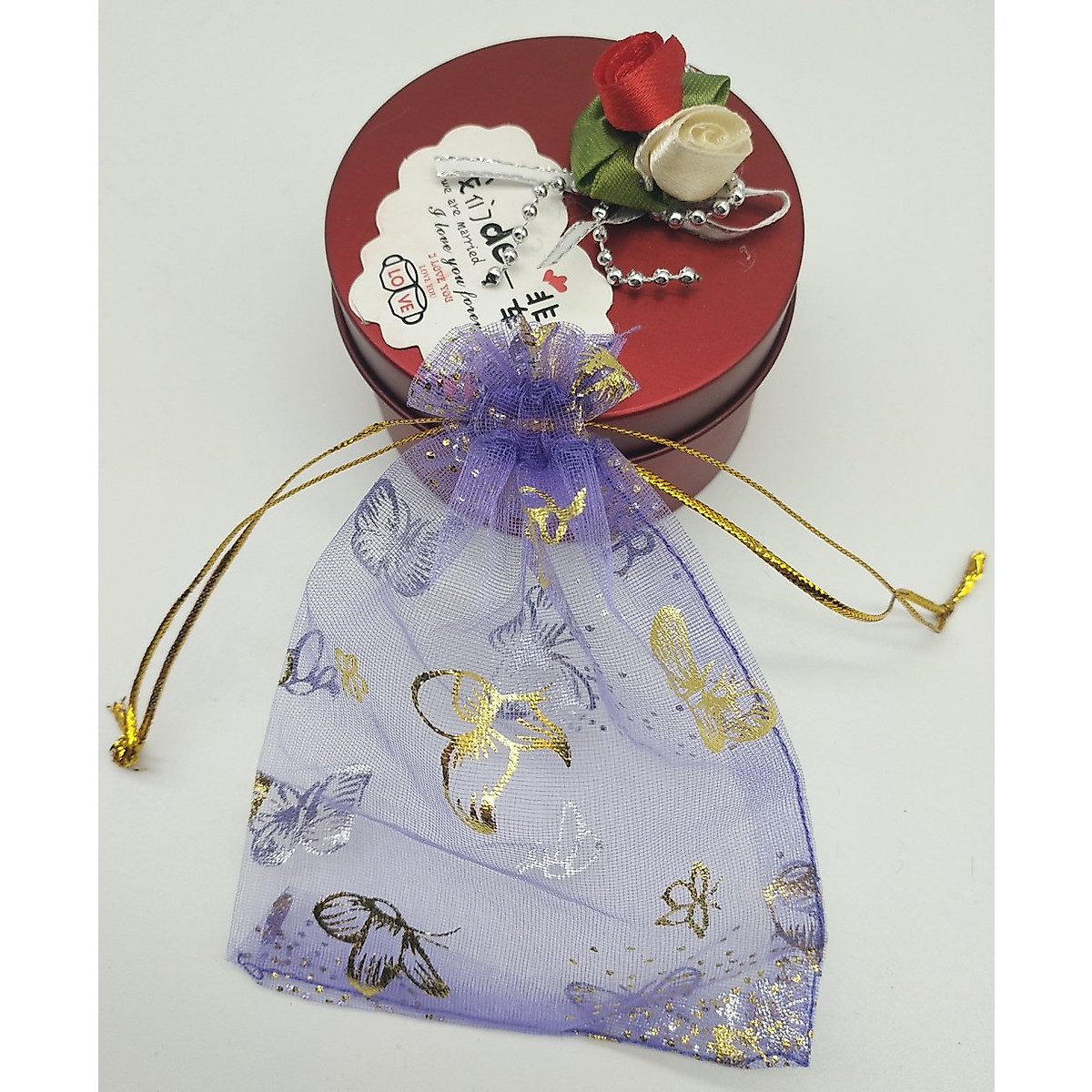 Ankirol 100pcs Mini Sheer Organza Wedding Favor Bags 3.5x4.5'' Luxury Jewelry Candy Gift Card Bags with Gold Line Drawstring Pouches Butterflies (Light Purple)