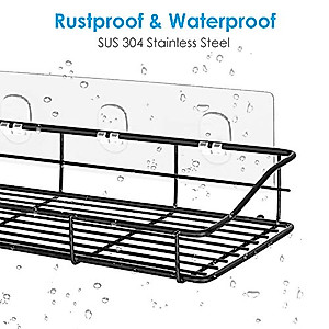 ODesign Adhesive Bathroom Shelf Shower Caddy with Hooks Razor Bath Sponge Holder Kitchen Storage Organizer Spice Rack Wall Mount No Drilling Rustproof Stainless Steel Black - 2 Tier