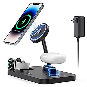 Mag Safe Charger Stand - Foldable 4 in 1 Magnetic Wireless Charging Station, Mag-Safe Travel Charger with 36W Adapter, Fast Charging Dock for Apple iPhone 14 13 12 Pro Max Mini Plus, iWatch, AirPods