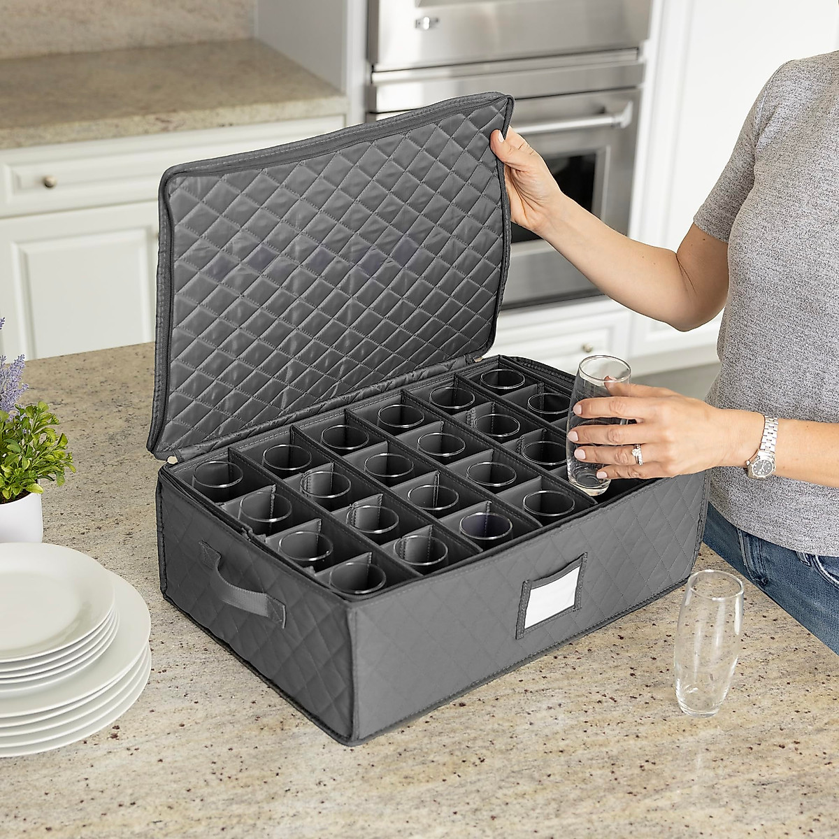 2 Pack - China Cup Storage Chest with 48 Compartments Total - 19" x 13" x 6.5"H - Customizable Dividers to Accommodate Different Glassware and Bar Glasses - Hardshell on Sides and Bottom - Gray