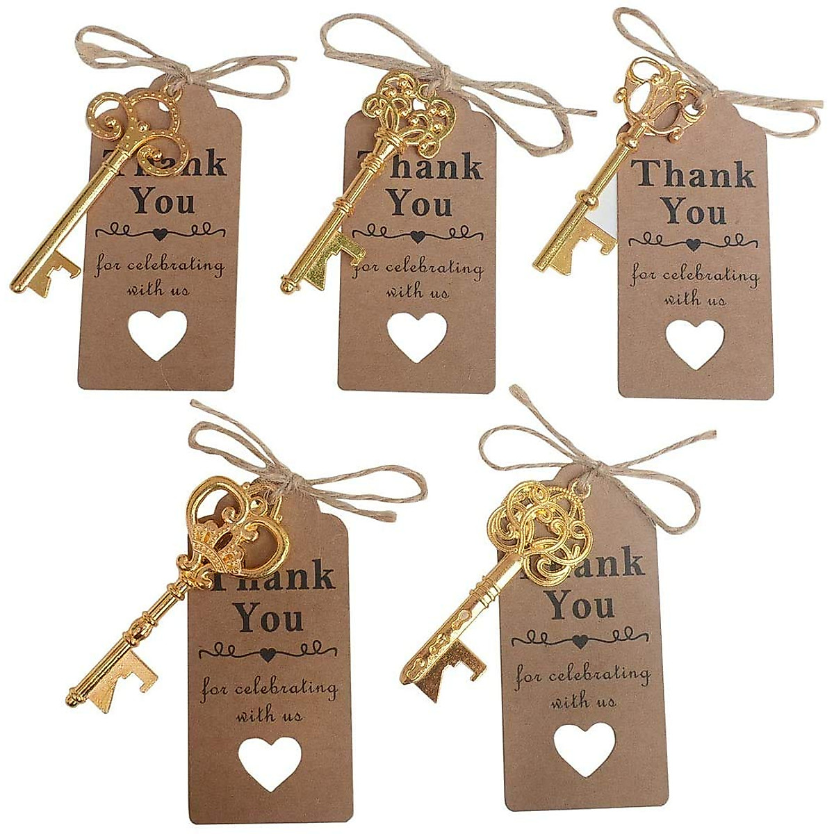 50 Pcs Gold Skeleton Key Beer Bottle Opener With 100 Pcs Thank You Card and 98 Feet Hemp Rope for Wedding Party Favors (50pcs Gold)