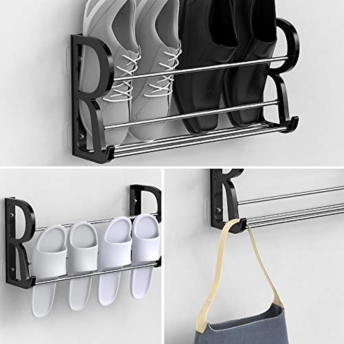 Yocice Wall Mounted Shoes Rack 3Pack/Can Store 6Pairs Sneakers and 6Pairs Slide Sandal,with Sticky Hanging Mounts, Shoes Holder Storage Organizer Shelf ,Door Shoe Hangers,Black,SM05-17.7inch length