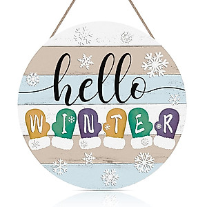 CHDITB Hello Welcome Winter Door Sign Decoration(12"x12"), Round Colourful New Year Wall Hanging Decor with Snowflake Gloves Mitten, Rustic Christmas Holiday Door Hanger for Front Porch Farmhouse