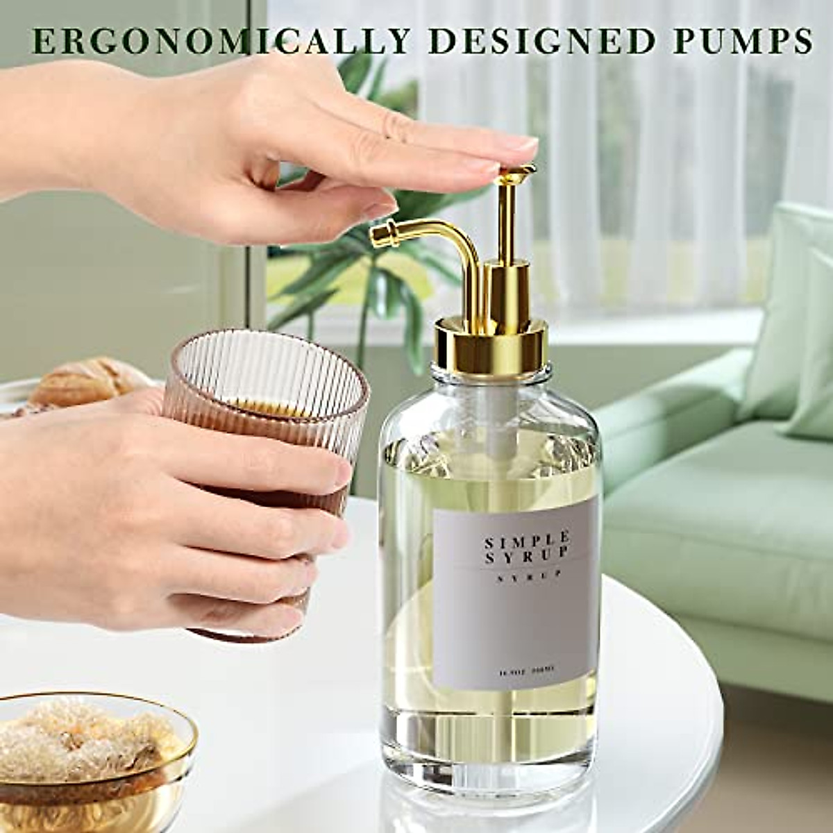 TIMIFTE Coffee Syrup Dispenser for Coffee Bar Accessories，Coffee Pump Dispenser, Glass Syrup Bottle with Gold Pumps and 42 Labels, 16.9 oz 500 ml (4 Pack)