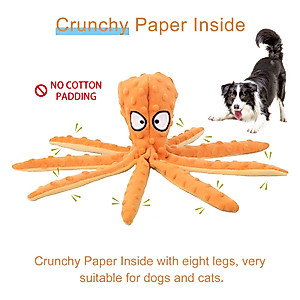 WishLotus Octopus Dog Chew Toy, No Stuffing Plush Dog Squeaky Toy with Crinkle Paper in Legs, Corduroy Interactive Dog Play Toy Dog Teething Toy for Small, Medium Dogs (Orange)