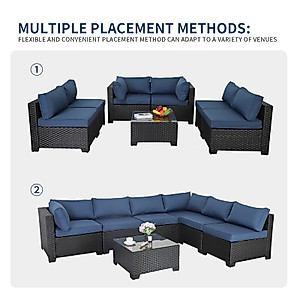 Valita 7 Piece Outdoor PE Wicker Furniture Set, Patio Black Rattan Sectional Sofa Couch with Washable Navy Blue Cushions…