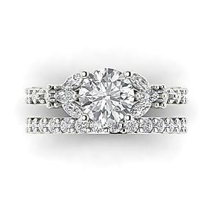 Clara Pucci 2.66ct Round Marquise cut Engraving Solitaire 3 stone W/Accent Moissanite Wedding Anniversary Ring set 14k White Gold 7.25
