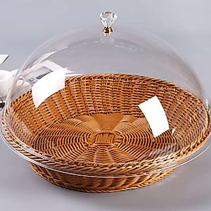 YOUEON Imitation Rattan Bread Basket with Acrylic Dome Cover, 12 Inch Round Woven Fruit Basket Handmade Poly Food Serving Basket for Bread, Snacks, Vegetable, Food