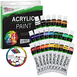 U.S. Art Supply 72-Piece Artist Acrylic Painting Set with Aluminum Field Easel, Wood Table Easel, 24 Acrylic Paint Colors, 34 Brushes, 2 Stretched Canvases, 6 Canvas Panels, Painting Pad, 2 Palettes