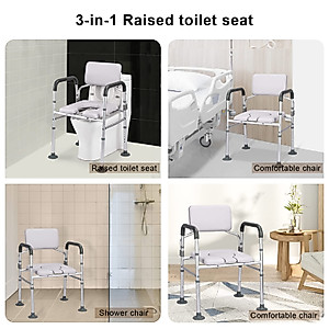 Famard 3-in-1 Raised Toilet Seat with Handles, Handicap Toilet Seat Risers with Soft Back and Padded Seat, Height Adjustable Elevated Toilet Seat for Elderly, Pregnant,Disabled