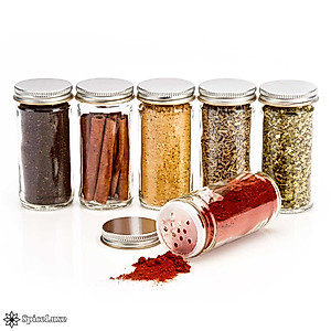 SpiceLuxe 12 Premium Round Glass Spice Bottles, Premium Jars with Silver Metal Lids, Shaker Tops, and Blank Labels