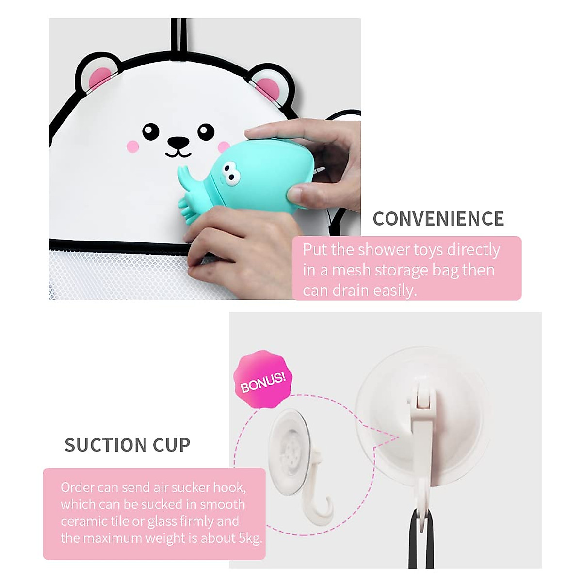 Spuddies Bath Toy Organizer Shower Caddy Cute Bear Design - for Bathroom Baby Toy Storage Quick Dry Bathtub Mesh Net Baby Toy Holder with Suction Hooks