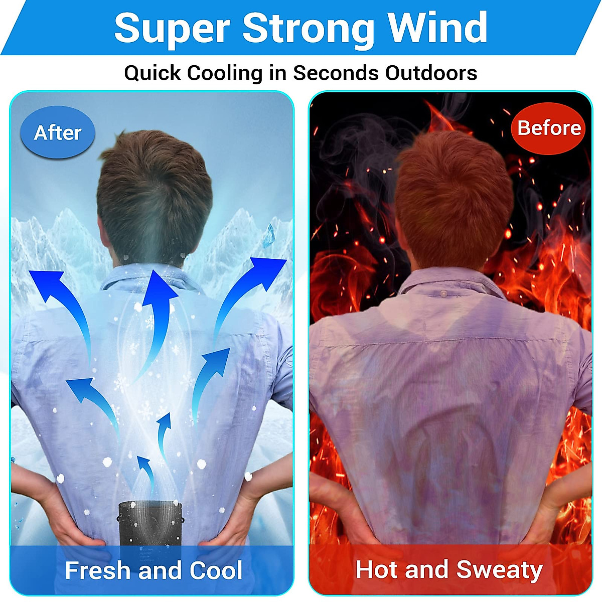 YEMIUGO 9600mAh Waist Clip Fan Rechargeable, Portable Belt Fan, Necklace Fan Personal Fan Cooling Fan Hands-free with 3-Speed, Strong Airflow for Fishing, Gardening, Climbing, Cycling