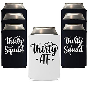 Veracco Thirty AF 30 Years Can Coolie Holder 30th Birthday Gift Dirty Thirty Squad Party Favors Decorations (Black/White, 6)