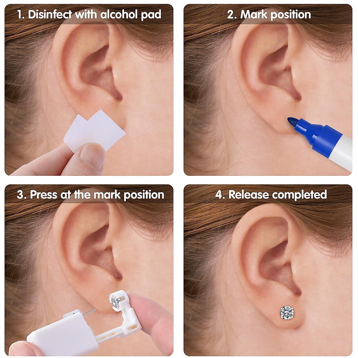 Ear Piercing Kit, Anzero 2 Pcs Disposable Ear Piercing Gun with Preloaded Ear Stud, at Home Self Ear Piercing Gun Kit - 3MM Earrings Stud