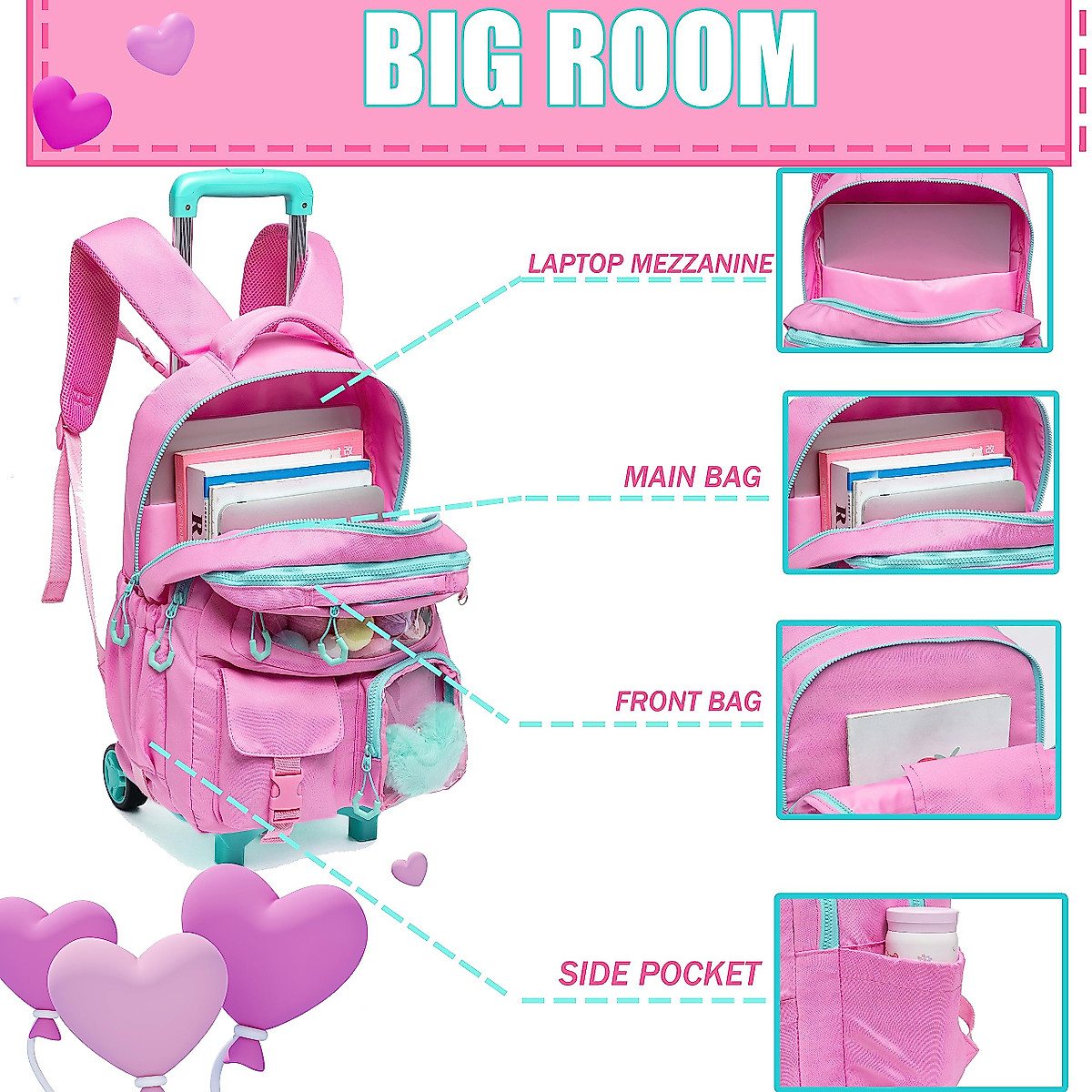 ZBAOGTW Rolling Backpack for Girls Kids Backpack with Wheels Backpacks for Elementary with Lunch Box Pencil Case Trolley Luggage