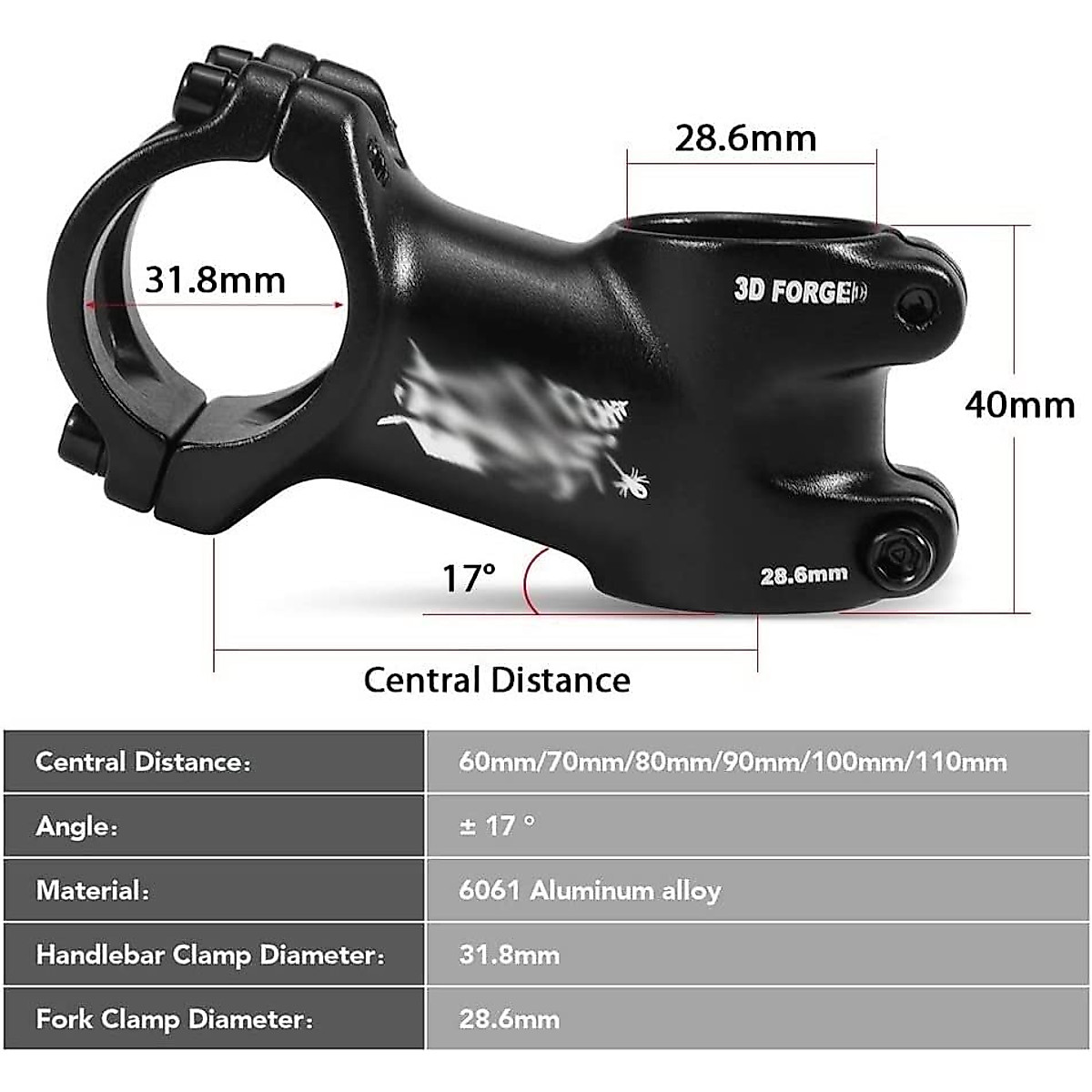 ZECHAO 17 Degree Bike Stem,Ultralight Bike Stem 60/70/80/90/100/110mm Mountain Road Bike Stem for 31.8mm Handlebar Stem Bike Stem (Color : Black, Size : 80mm)