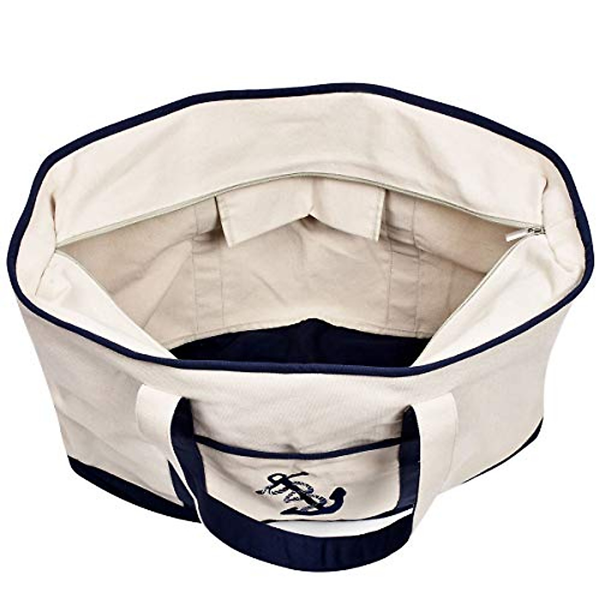 inOne 25" Extra Large Canvas Tote Bag Heavy Duty Roomy Zipper Grocery Shopping Carry Beach Boat Bag Handbag with Embroidered Anchor - Beige