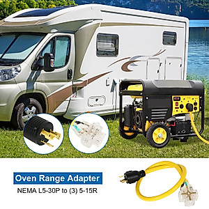 3FT NEMA L5-30P to (3) 5-15R, ZDHQLHJ Generator Power Extension Cord with LED Power Indicator, Heavy Duty 3 Prong 30 Amp L5-30P Male to 15 Amp 5-15R Female