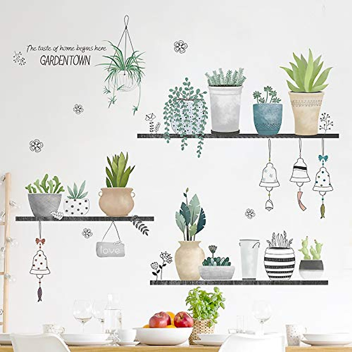 Green Pot Plants Leaves Wall Decals Wall Stickers for Bedroom Leaf Wall Mural as Wall Decor for Living Room | 90cm x 180cm Removable Stickers for Home Walls Decoration as Housewarming Birthday Gift