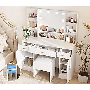 Vabches Vanity with Lighted Mirror, Large Vanity Desk Makeup Vanity Table Set with Comfortable Bench and Side Cabinets, Lots Storage, 45.2inch, White