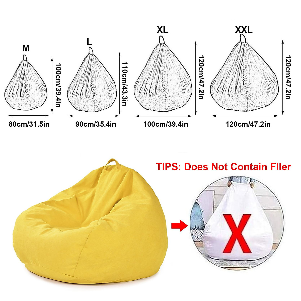 PRELGOSP Bean Bag Chair Cover Without Filling, Soft Lazy Sofa Beanbag Toy Storage Stuffed Animal Seat for Adults, Kids, Teens,Grey,XXL