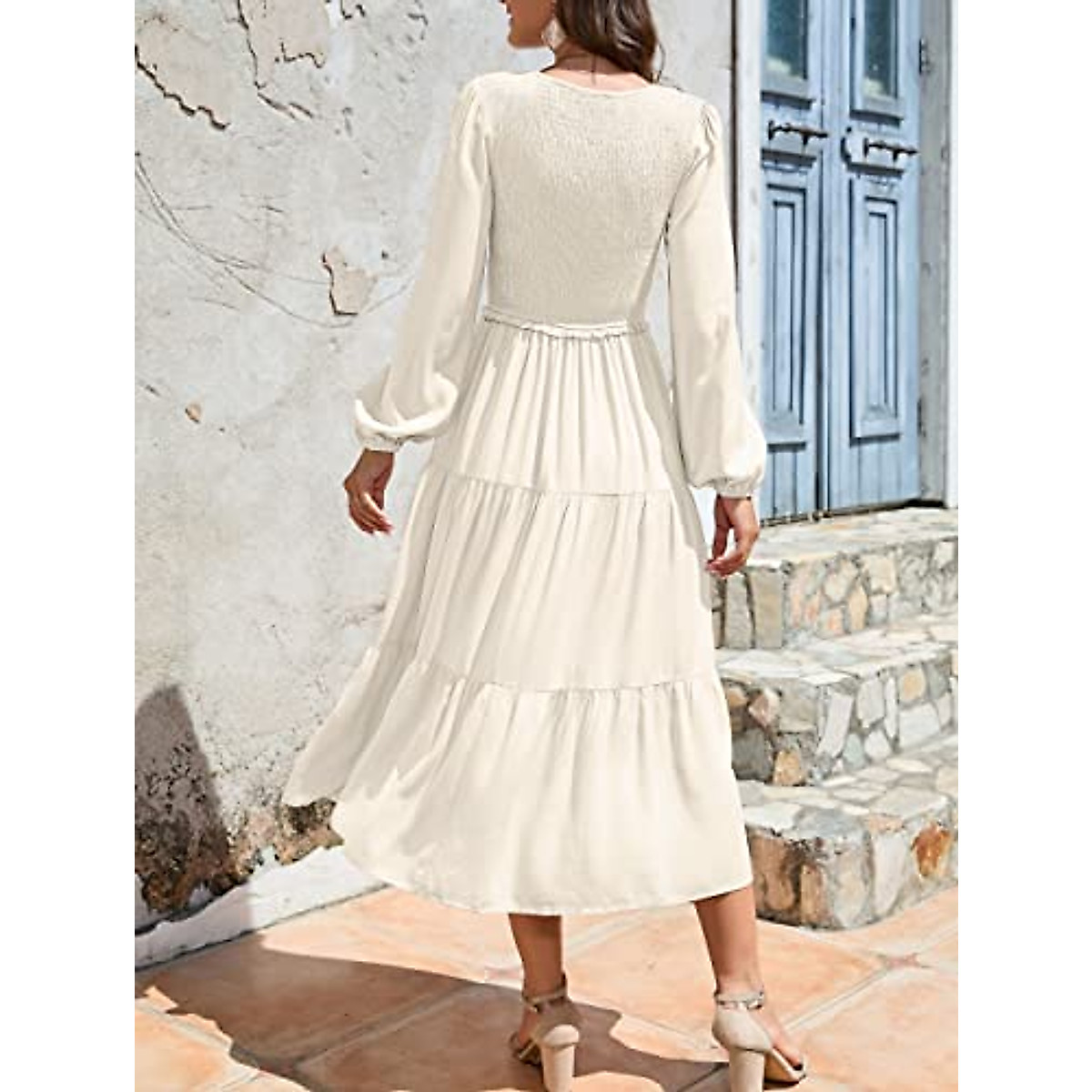 MEROKEETY Women's Long Sleeve Smocked Fall Dress A Line Tiered Midi Maxi Dress with Pockets,Beige,M