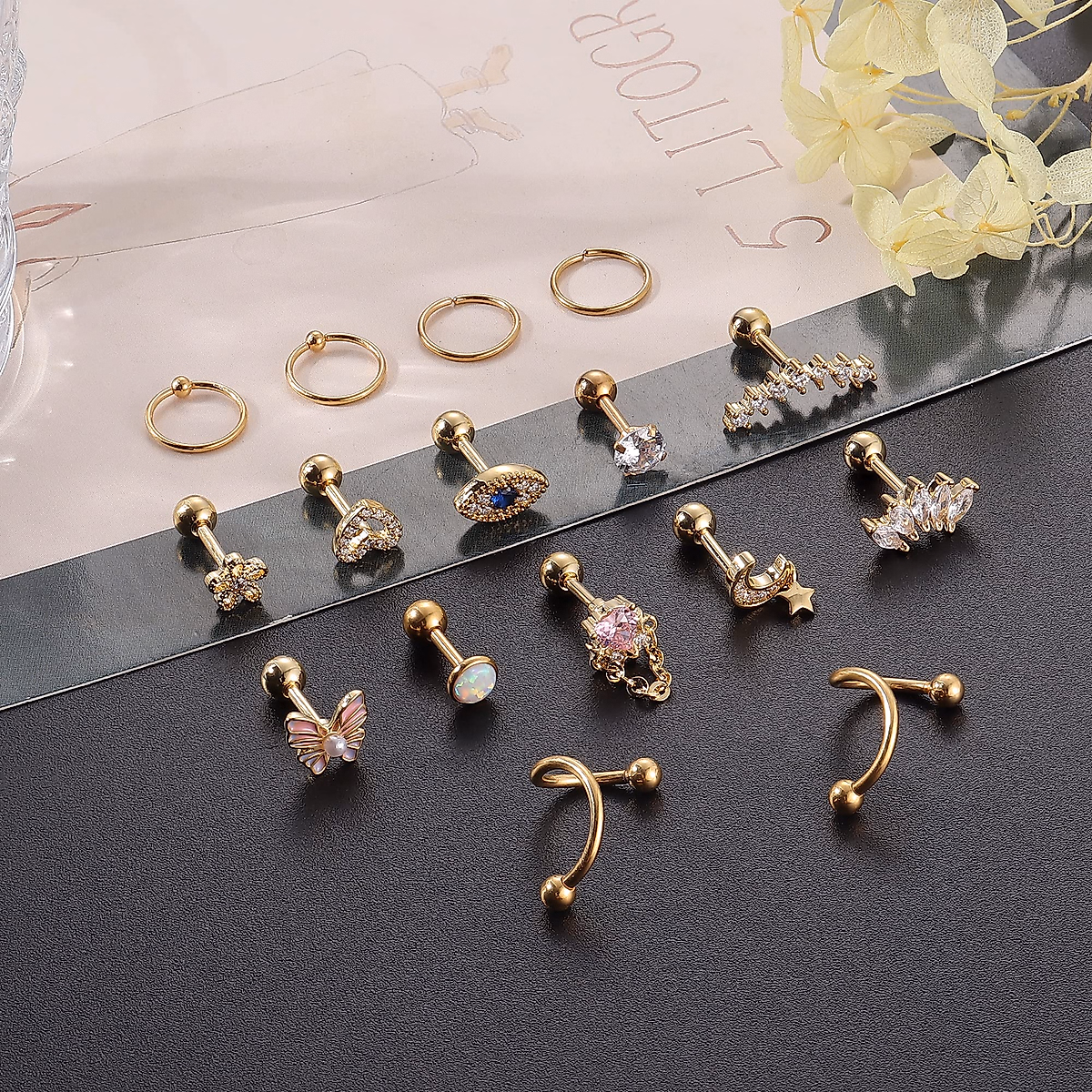 FUNRUN JEWELRY 16G Cartilage Earrings Stud Hoop for Women Stainless Steel Earrings Set Hypollergenic Helix Tragus Daith Forward Conch Piercing Jewelry(Gold)