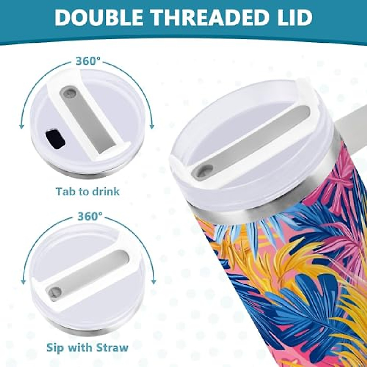 Slewiaeky Tumbler with Handle 40 oz Palm Leaf Plant Cute Travel Mug with Lid and Straw Blue Stainless Steel Vacuum Insulated Water Bottle Cup for Iced Tea Coffee Cold Beverages Cup Holder Friendly