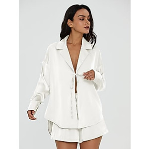 DEEP SELF Silk Pajama Sets for Women, Tie Front Long Sleeve Shirts and Shorts Satin Pj Set Soft Two Piece Sleepwear Lounge Sets (White, Large)