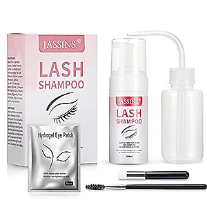 JASSINS Lash Shampoo for Lash Extensions, Eyelash Extension Cleanser Kit,100ml Shampoo/Cleaning Brush/Rinse Bottle/Mascara Brush/Eye Pads,No stimulation,For Professional & Self Use