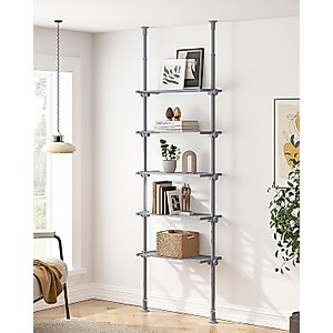 ALLZONE 5-Tier Narrow Bookshelf, Adjustable Width and Height, Tall Ladder Book Shelf with Open Storage,Floor to Ceiling Tension Mount Industrial Bookcase for Living Room,64 to 113Inch Height,Dark Grey