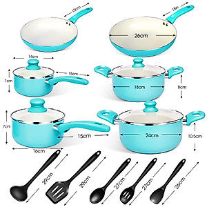 Masthome 16 Piece Ceramic Nonstick Cookware Set,Soft Grip Healthy Pots and Pans Set with Lids and Utensils for Kitchen,PFAS-Free, Dishwasher Safe-Tiffany Blue Extra Spoons and Silicone Spatula Set