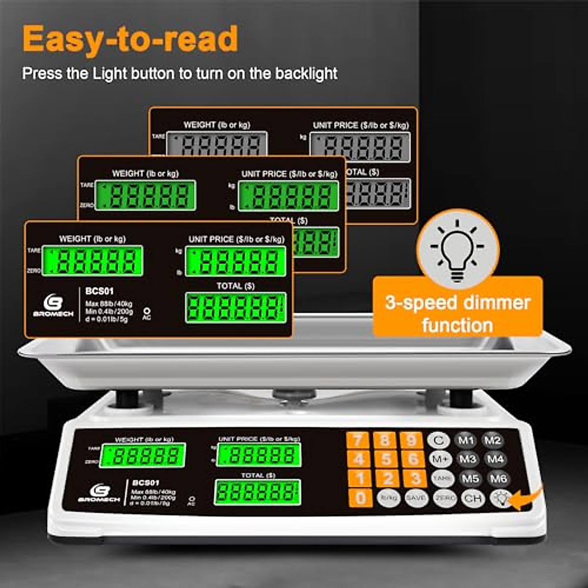 Price Computing Scale 88lb/40kg Commercial Food Scale for Produce Meat with Stainless Steel Large Platform, LCD Display, and Green Bright Backlight for Farmers Markets, Deli, （Not for Trade）