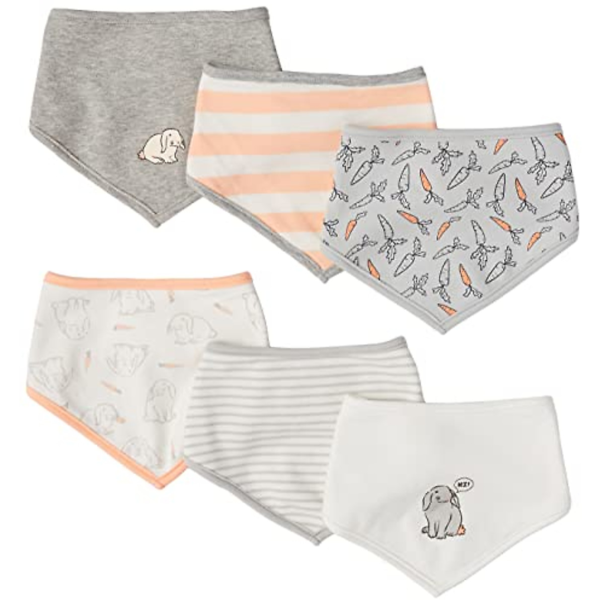 Amazon Essentials Unisex Kids' Bib Set, Pack of 6, Bunny/Carrots/Rugby Stripe/Stripe, One Size
