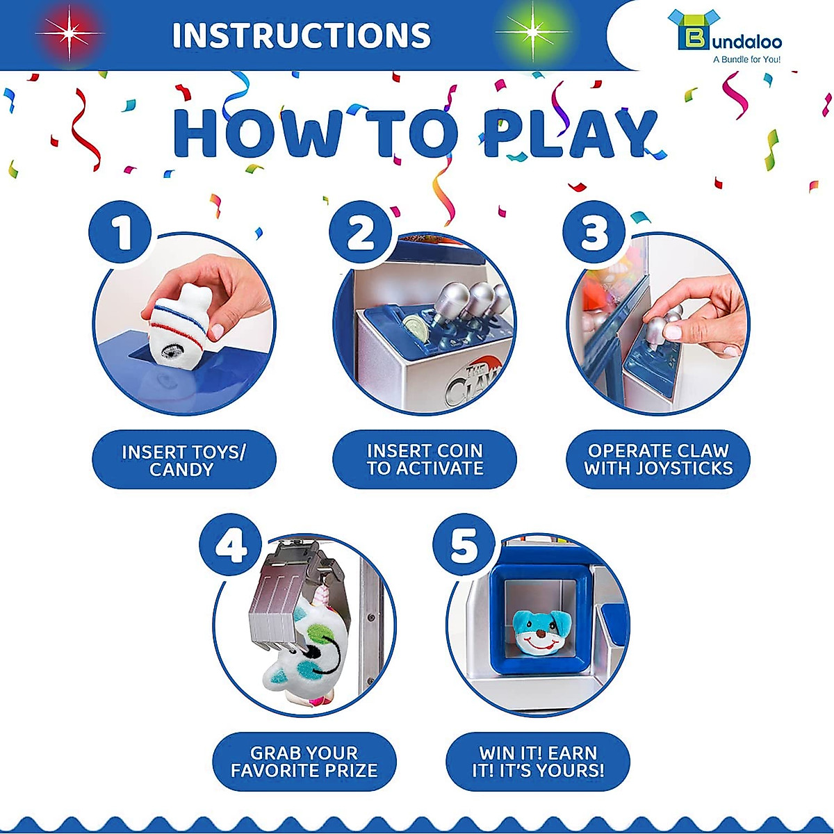 Bundaloo Claw Machine Arcade Game - Electronic Mini Candy and Toy Grabber Dispenser for Kids - with Lights Sound & 4 Mini Plush Animals (Blue)