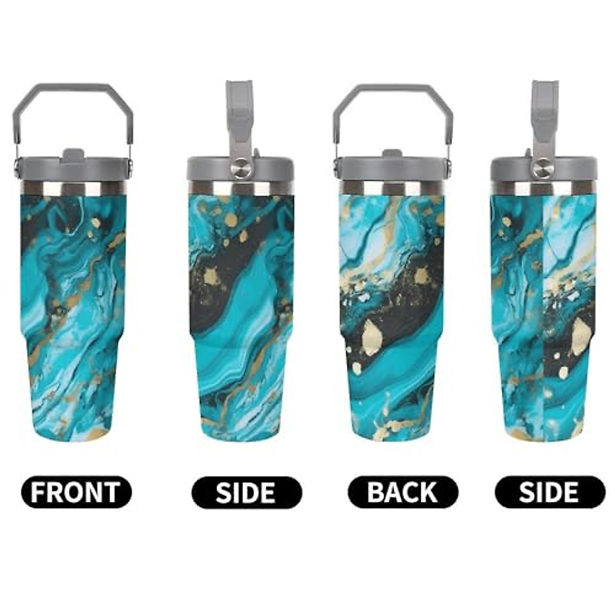 30 Oz Tumbler with Handle And Straw, Turquoise Blue Gold Marble Leakproof Stainless Steel Water Bottle for Hot & Cold Drinks 24 Hours, Car Cup Holder Friendly, Travel Mug for Home, Office, Gym