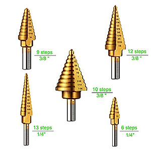 Knoweasy Step Drill Kit - 5PCS HSS Titanium Step Drill with Automatic Center Punch and 50 Sizes of High-Speed Steel Step Drills for Multiple Hole Drilling