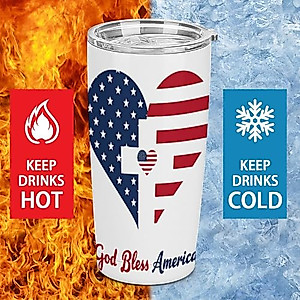 God Bless America Heart Flag Patriotic 20 OZ Stainless Steel Tumbler Travel Car Coffee Mug with Straw Lid Cleaning Brush Coffee Tumbler Mug for Women Men