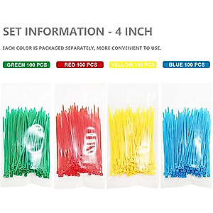 400Pcs Colored Zip Ties 4 Inch Cable Ties, 4/6/8 Inch Optional, Red Yellow Green Blue Small Zip Ties Set - 4 Inch