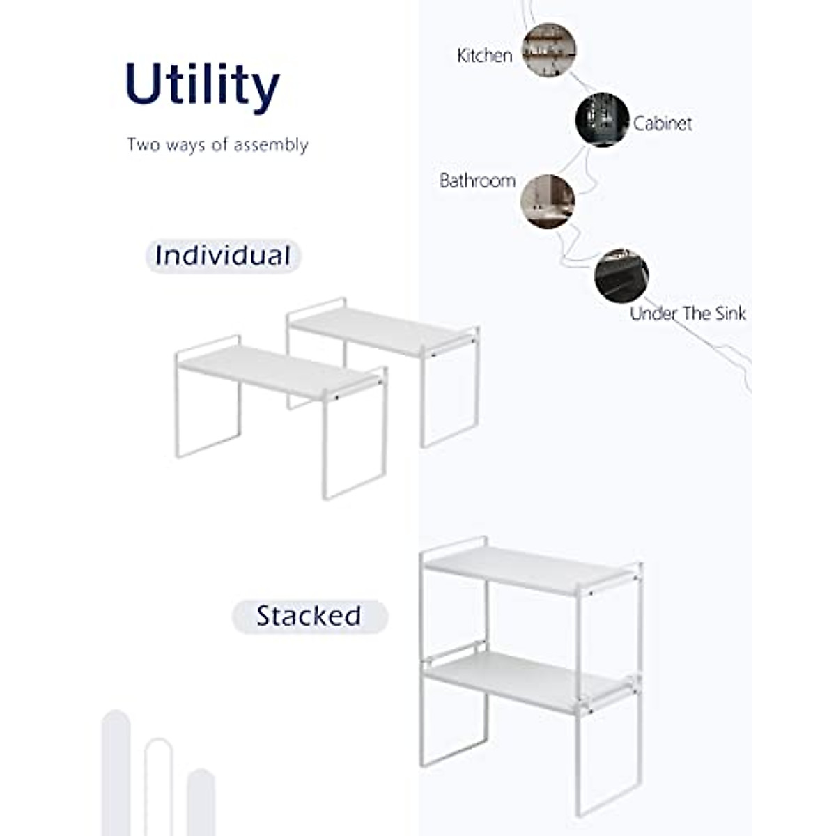 Nxconsu 2Pack Stackable Cabinet Shelf Organizer Storage Rack Shelf Riser for Kitchen Pantry Cupboard Bathroom Under Sink Counter Countertop Desk Space Saver Freestanding Heavy Duty Nonslip White Tall