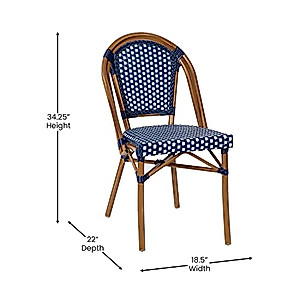 Flash Furniture Bordeaux Set of 2 Indoor/Outdoor Commercial Bistro Stack Chairs - Navy/White PE Rattan Back and Seat - Natural Bamboo Print Aluminum Frame