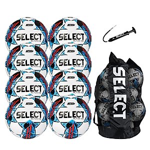 Select Blaze DB V22 Soccer Ball, 8-Ball Pack with Duffle Ball Bag and Hand Pump, White/Red/Blue, Size 5