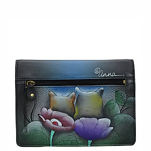 Anna by Anuschka Women’s Hand-Painted Genuine Leather Two Fold Wallet On a String - Two Cats Grey