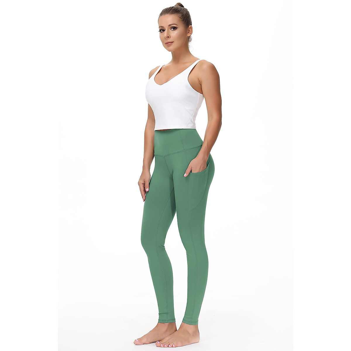 THE GYM PEOPLE Thick High Waist Yoga Pants with Pockets, Tummy Control Workout Running Yoga Leggings for Women (Small, Light Green)
