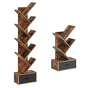 Rolanstar Bookshelf with Drawer, 9-Tier Tree Bookshelf, Wooden Bookshelves Storage Rack for CDs/Movies/Books, Rustic Brown Bookcase, Utility Organizer Shelves for Living Room, Bedroom, Home Office