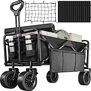 YITAHOME Folding Wagon w/Table Plate, Large Capacity Collapsible Wagon Cart, Adjustable Handle Height Foldable Utility Garden Cart, Outdoor Beach Wagon for Camping, Shopping, Sports, Garden - Black