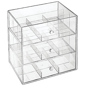 mDesign Plastic Tea Bag Caddy Box Storage Container Organizer Holder with 3 Drawers - for Kitchen Pantry, Cabinet, Countertop - Holds Coffee, Sugar Packets, Drink Pods - Clear