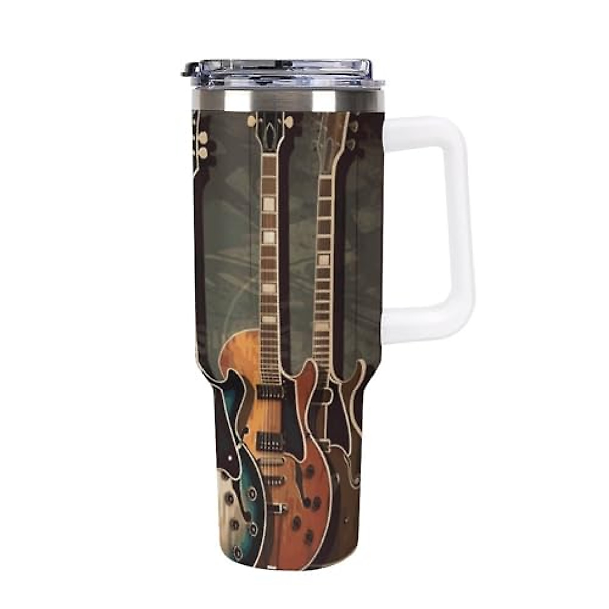 LLUTSNTH 40 Oz Vacuum Tumbler with White Handle Leakproof Insulated Tumbler Guitars Art Stainless Steel Travel Mug with Lid And Straw Coffee Cup Cute Water Bottles Cup Holder Friendly