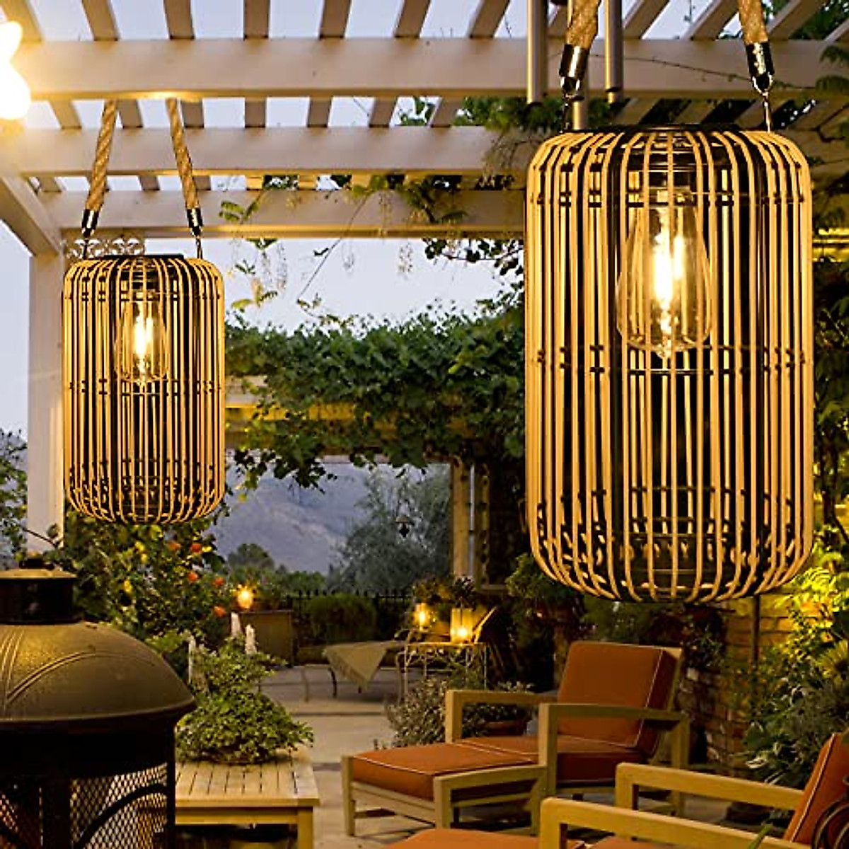 Livinlarge Solar Lantern Outdoor Waterproof, Large Solar Rattan Lantern Outdoor Hanging with Handle, Bright Solar Outdoor Lights with Edison Bulb for Garden Patio Yard Tabletop Decoration